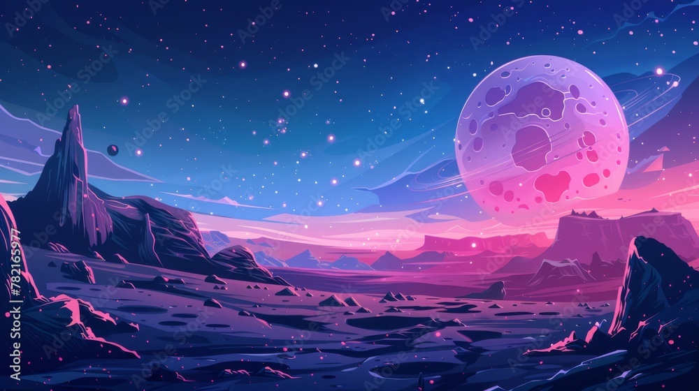 Imaginative space background with an alien planet with craters and ...