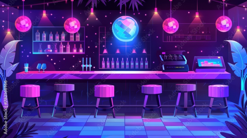 Animated modern interior of a night club with a bar counter, tables, DJ ...