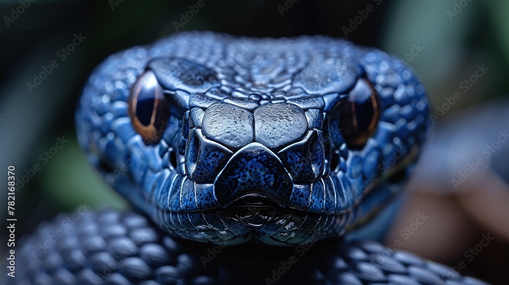 blue viper snake closeup face with striking scales and fearsome eyes ...