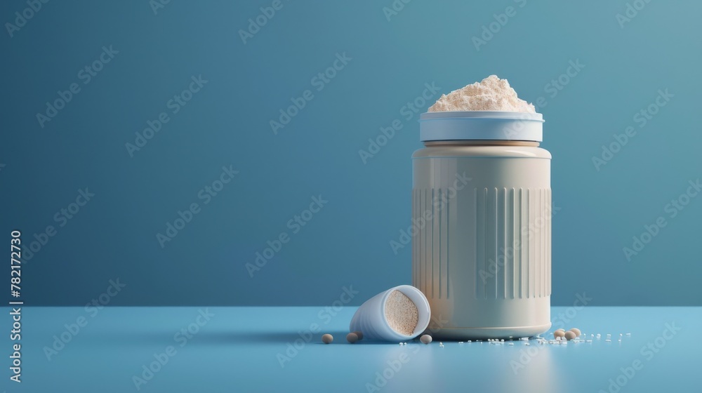 Large container filled with powdered protein. The powder is poured ...