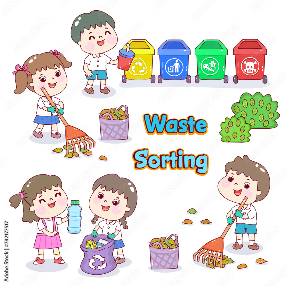 Cartoon Kids in Waste Sorting Character. Stock Vector | Adobe Stock
