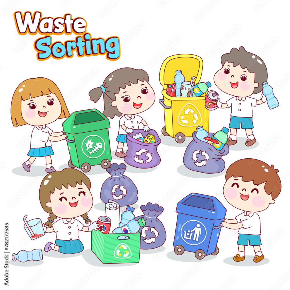 Cartoon Kids in Waste Sorting Character. Stock Vector | Adobe Stock