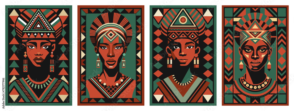 Ethnic poster set with african pattern, pride woman's faces for black ...