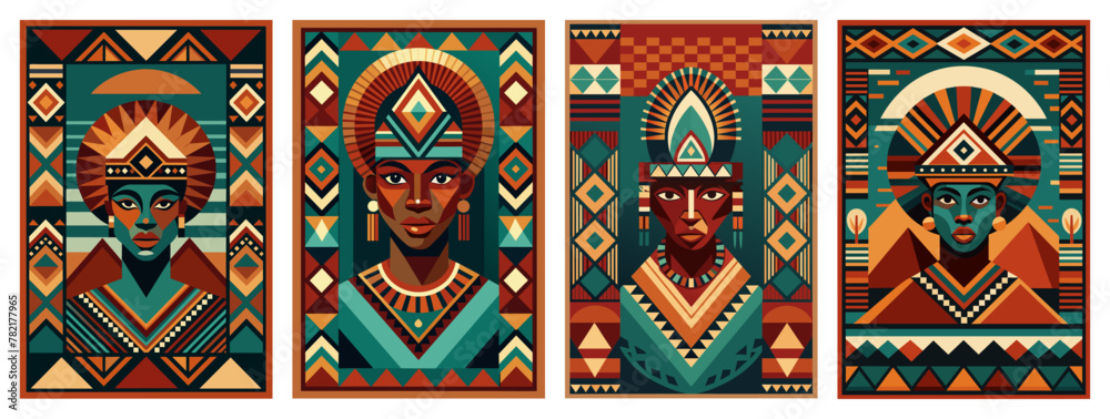 Ethnic poster set with african pattern, pride woman's faces for black ...