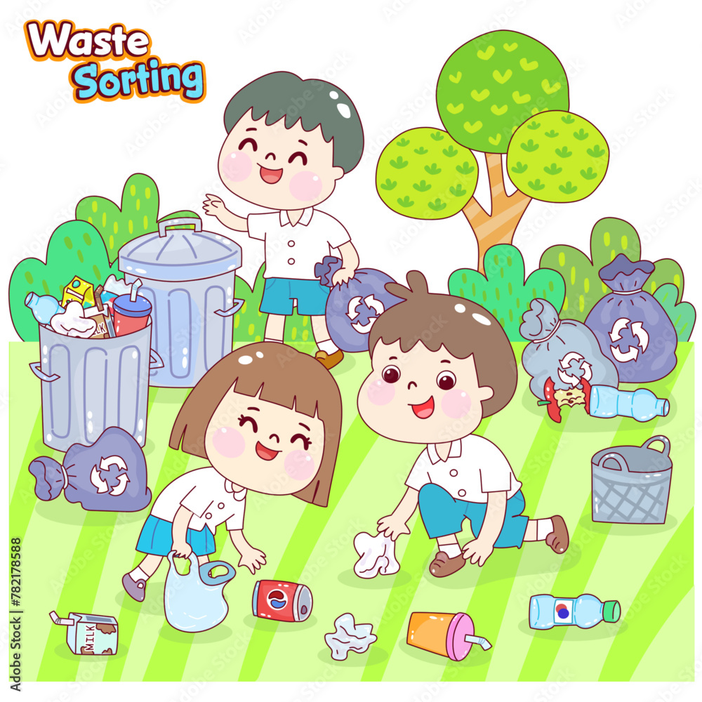 Cartoon Kids in Waste Sorting Character. Stock Vector | Adobe Stock