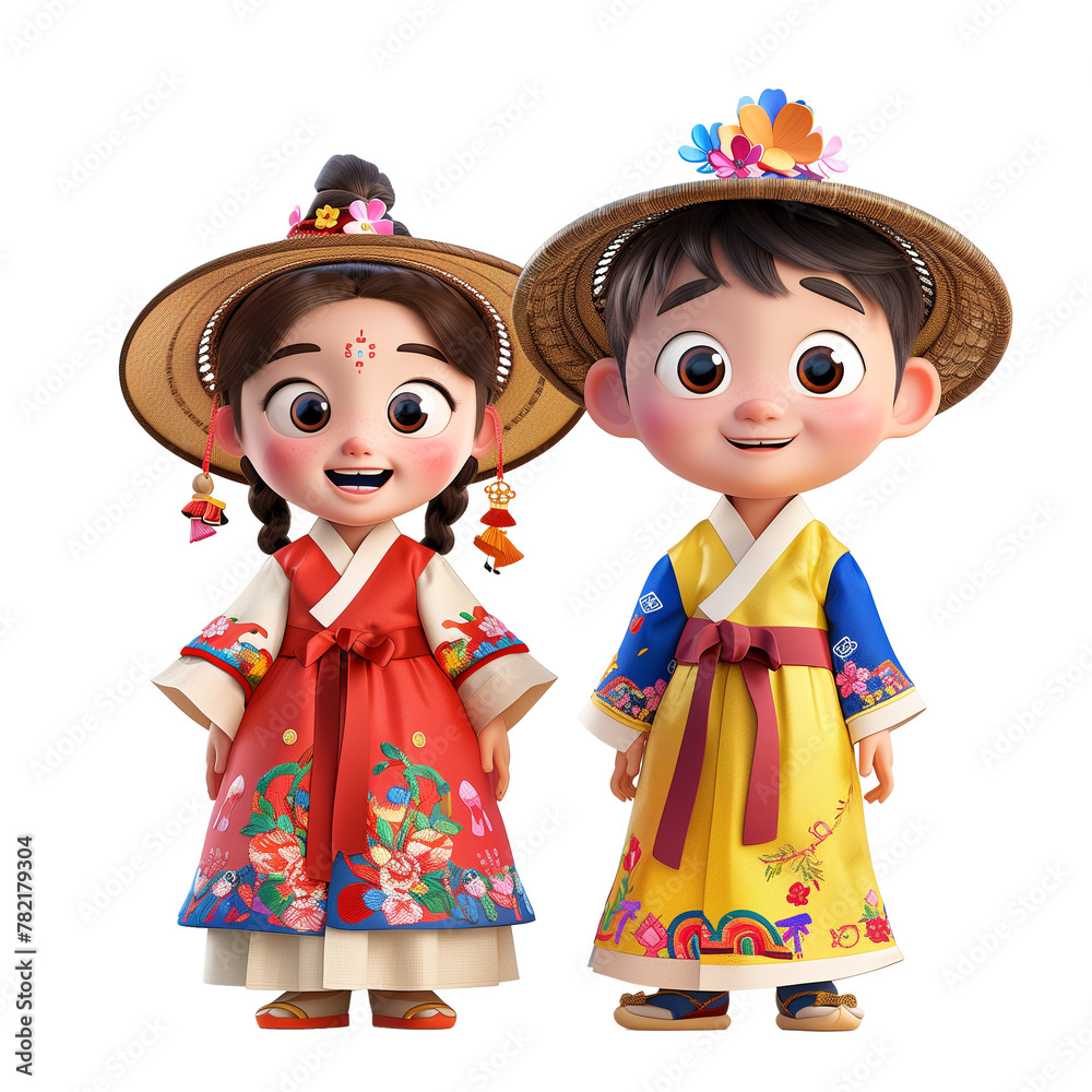 ภาพประกอบสต็อก Cute cartoon little Korean boy and girl in traditional ...