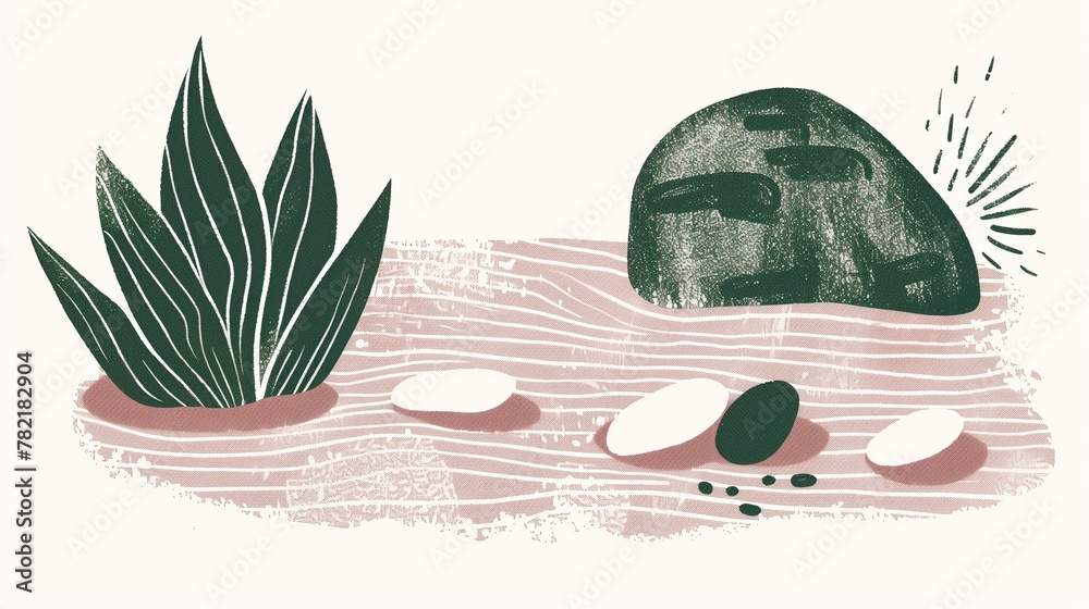 A tranquil illustration of a Zen garden. Raked sand patterns creating a ...