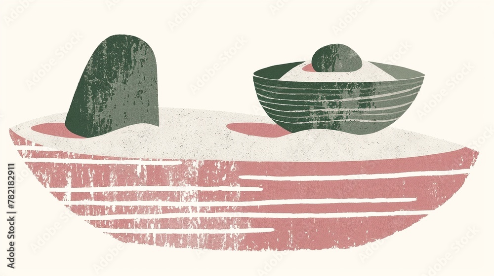 A tranquil illustration of a Zen garden. Raked sand patterns creating a ...