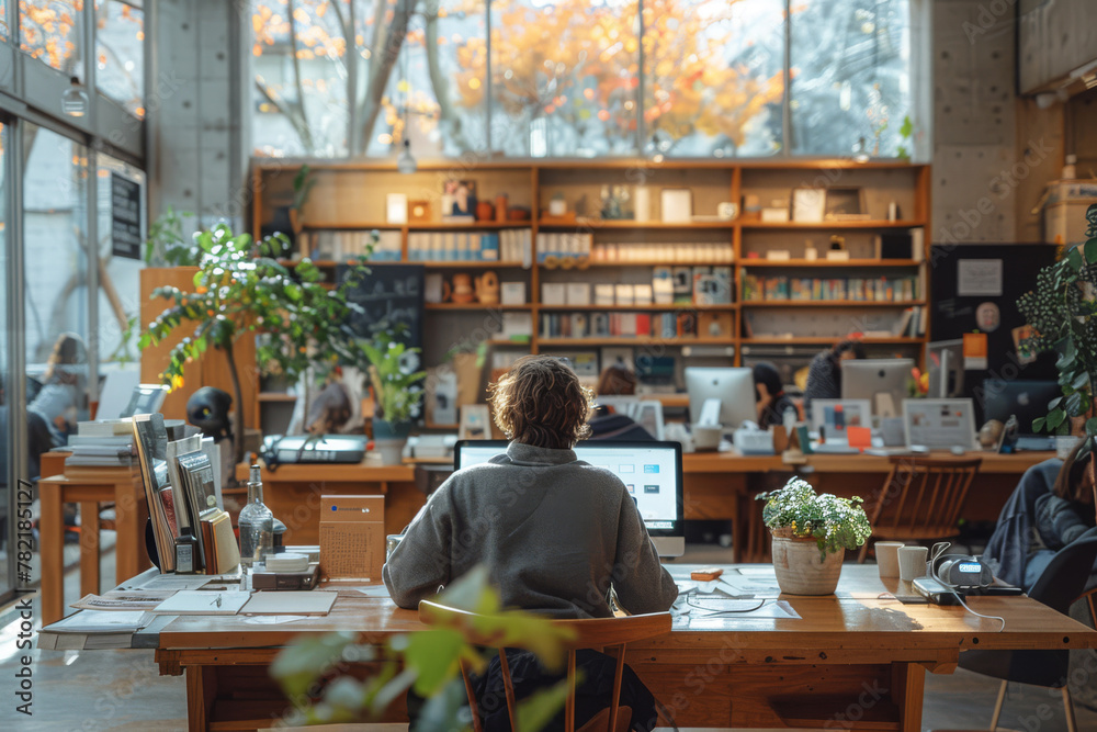 Rear view of young man using online platform for e-learning in public ...