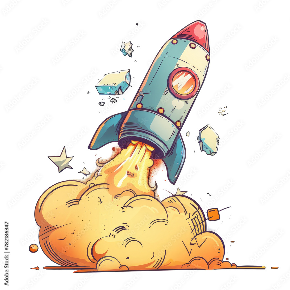 A drawing of a rocket blasting off into the sky, leaving a trail of ...