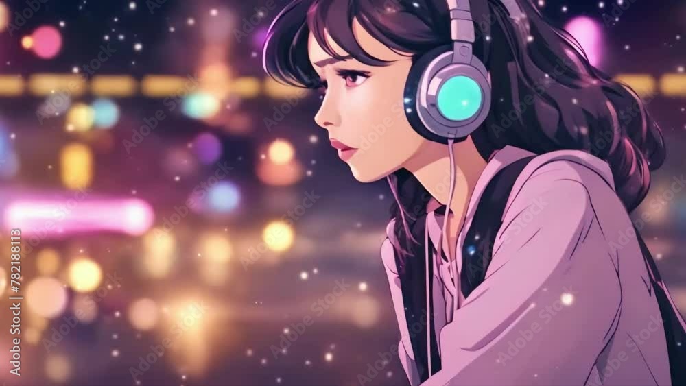 Lofi animation 3d cartoon character girl listening to music in ...