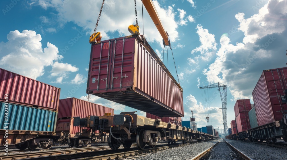 A crane is hoisting a shipping container onto a freight train ...