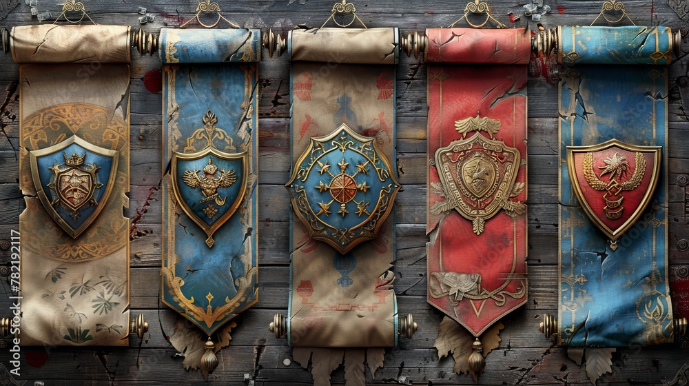 Decoration with shield crests on an ancient scroll banner Stock ...