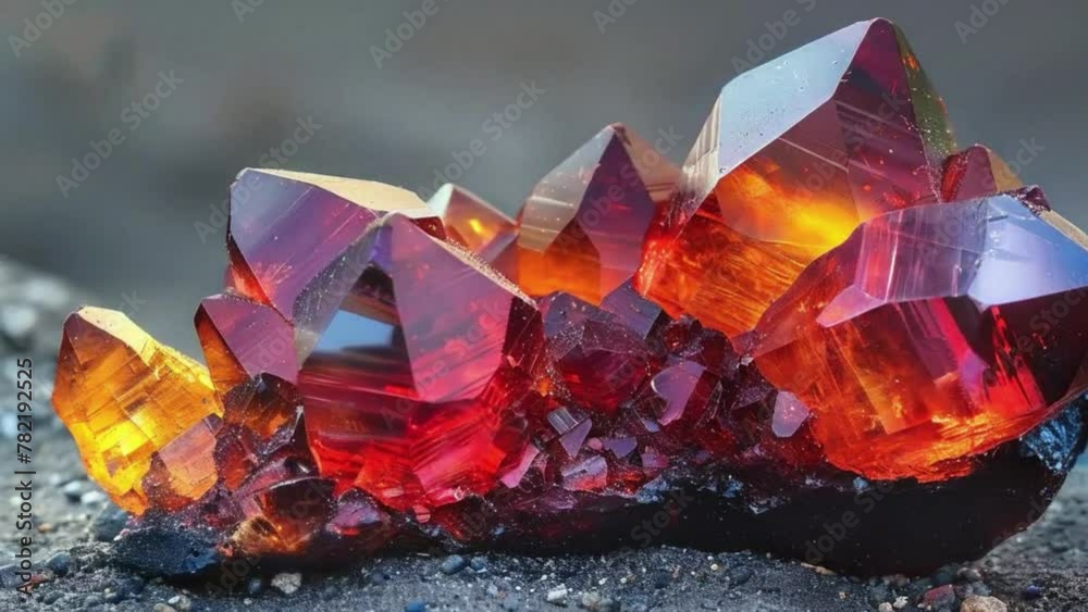 A large, red crystal with orange accents sits on a rocky surface 4K ...
