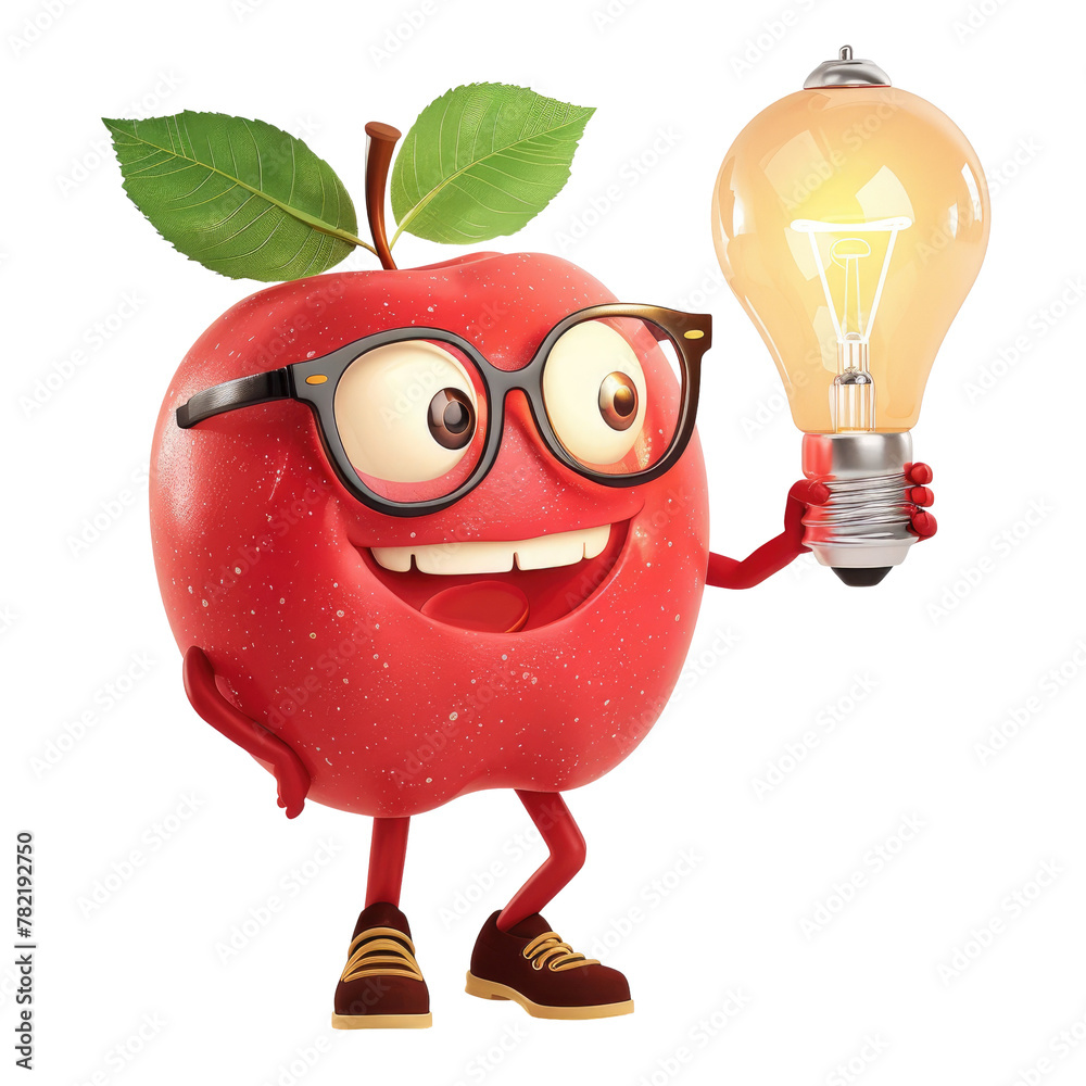 A red apple with glasses is holding a light bulb, appearing inspired ...