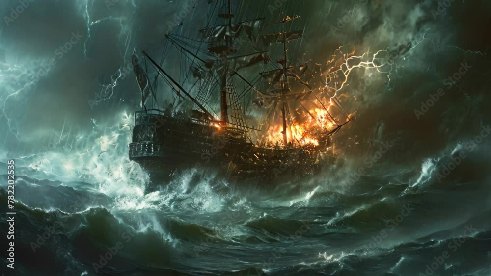 A ship battles treacherous waves and intense lightning strikes in a ...
