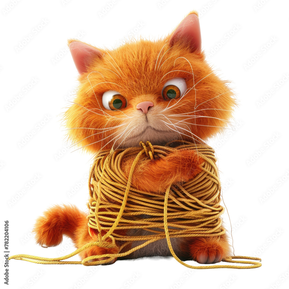 A cartoon cat is sitting down and tangled in a string of yarn. The cat ...