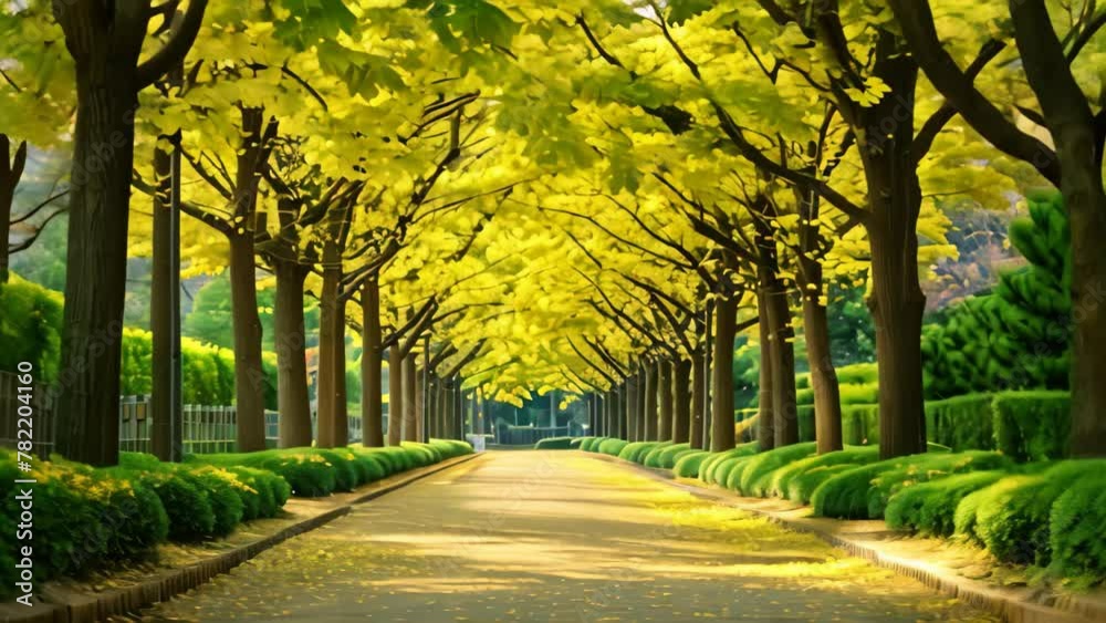 A street lined with an abundance of yellow trees creates a vibrant and ...