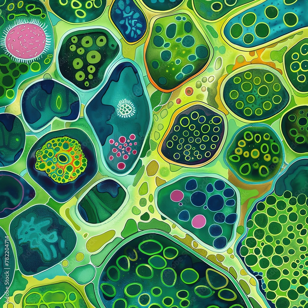 Colorful plant cells with vibrant chloroplasts and cell walls in a lush ...