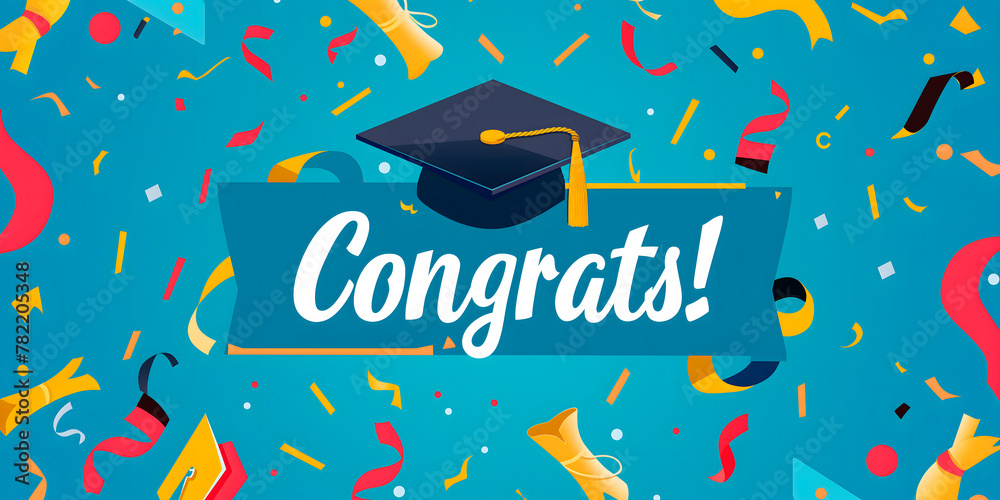 banner "Congrats!" greeting sign for graduation party,academic cap and ...