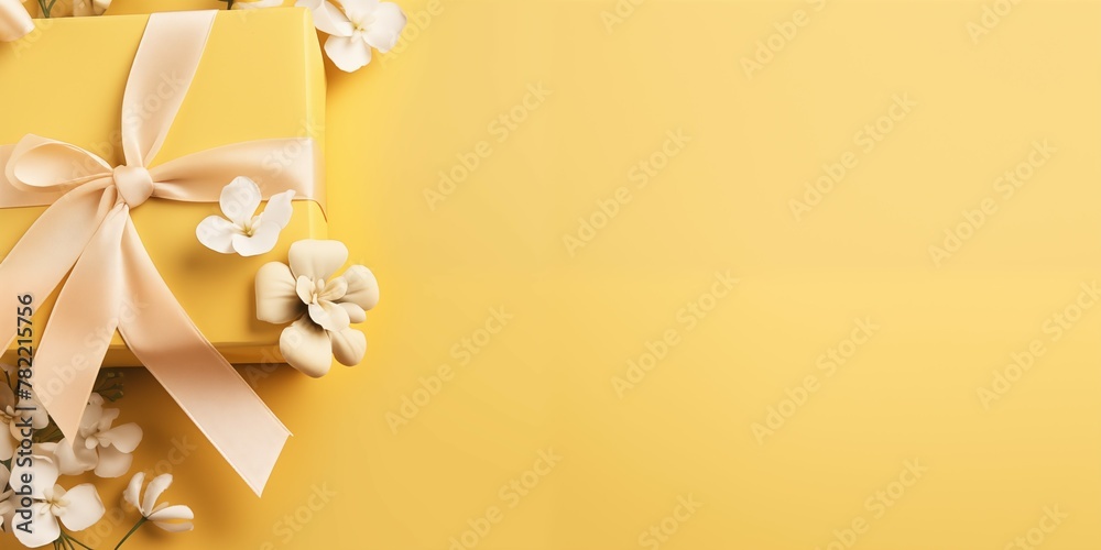 Gift banner frame, photo of a pastel yellow color gift with a white ...