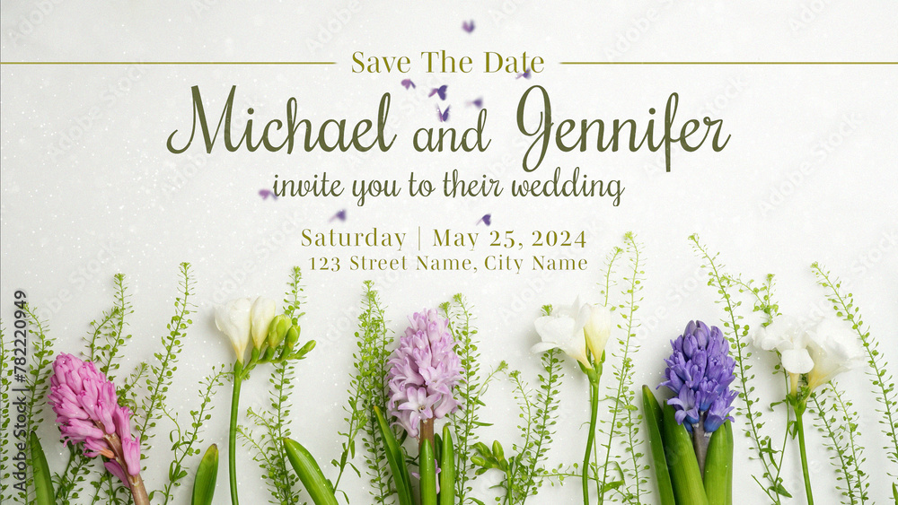 Pink and White Floral Wedding Invitation with Butterflies Stock ...