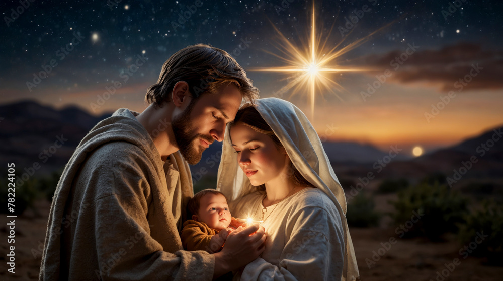 Holy Nativity Scene: Mary and Joseph Adoring Baby Jesus in the Radiant ...