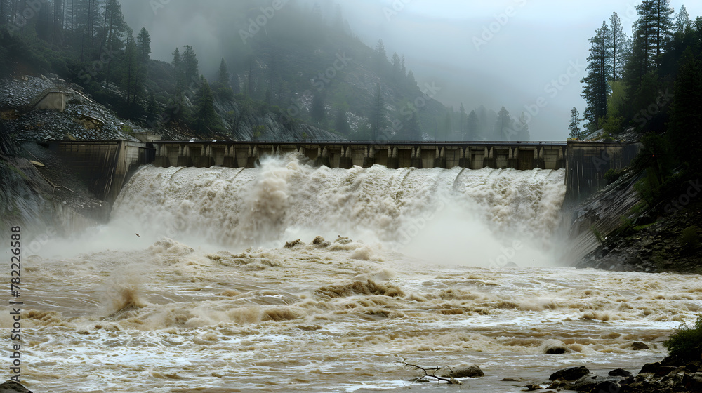 Water spills over the top of Englebright Dam on the Yuba River. A ...