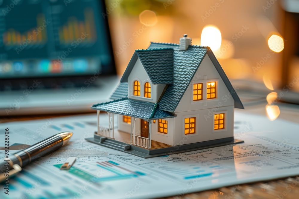 A scale model home with glowing windows sits on architectural ...