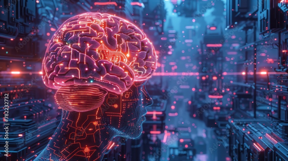 Capture an unexpected camera angle of a futuristic brain-computer ...