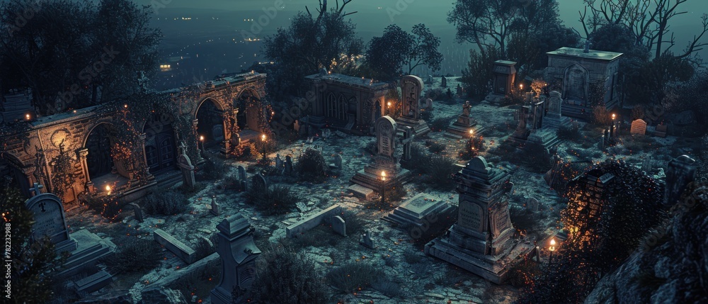 Delve into a top-down view of a desolate graveyard at twilight, a ...