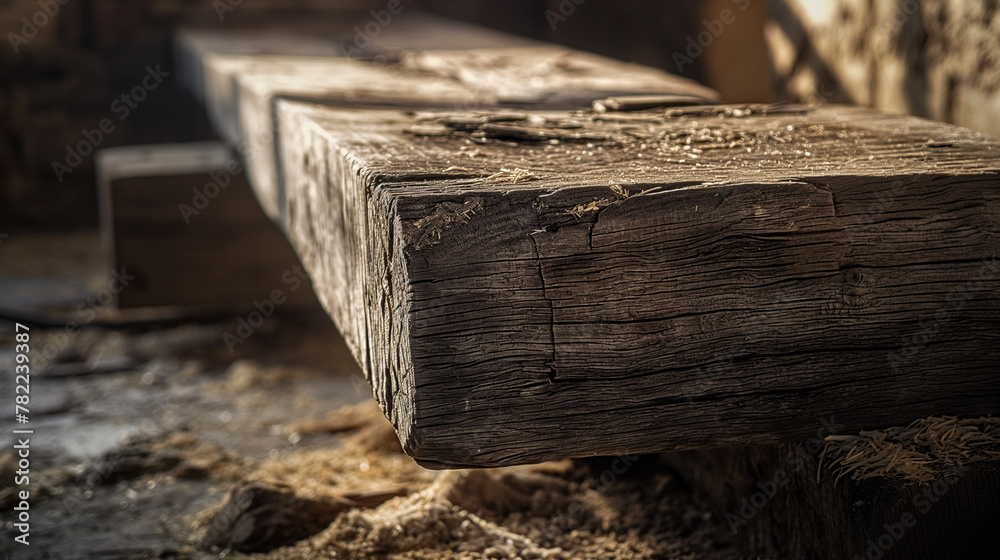 A sturdy timber beam rests quietly against a backdrop of sawdust and ...