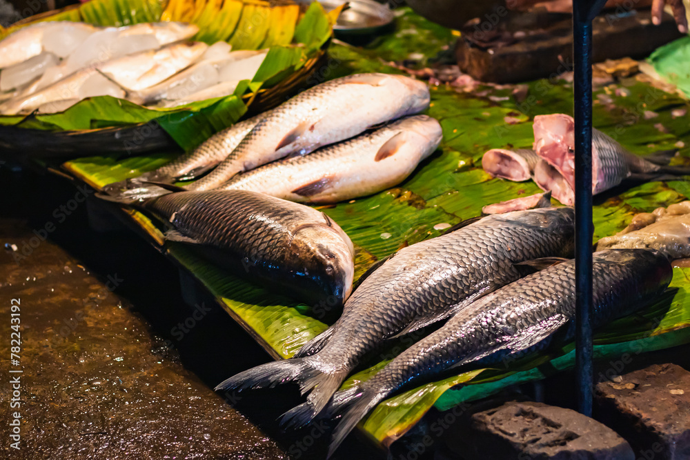 Indian fish market with fresh rohu fish are being sold. Fish is a ...