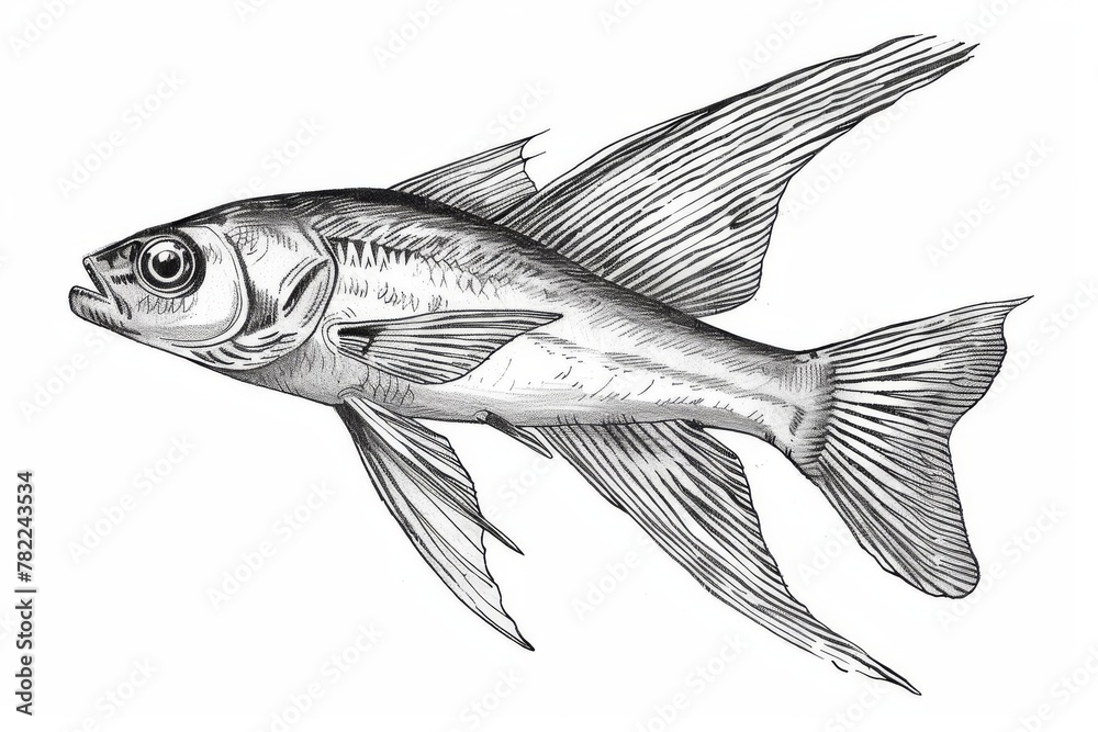 graceful flying fish sketch isolated on white background pencil drawing ...