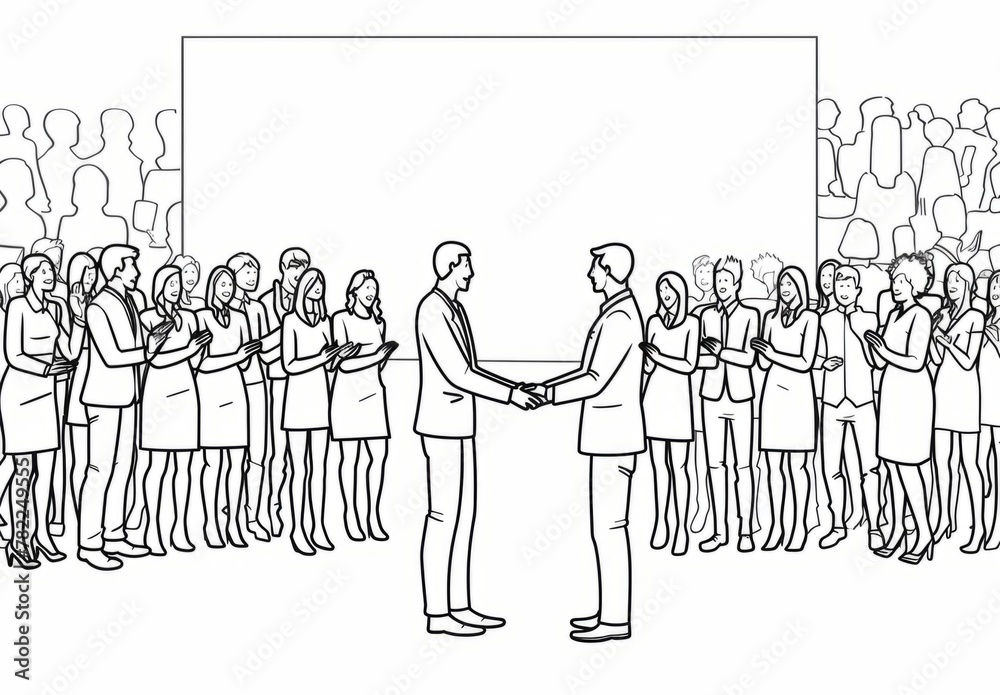 line drawing of business people shaking hands with each other, crowd ...