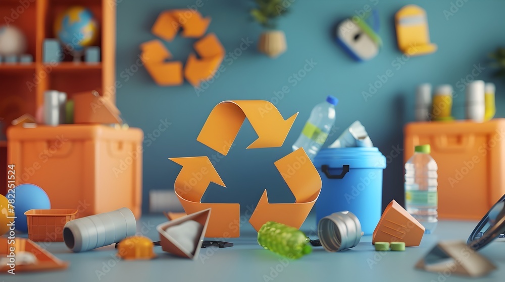 Interactive 3D render of the recycle logo surrounded by animated icons ...