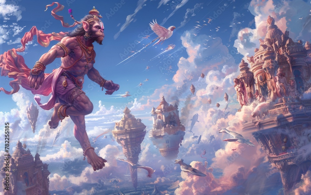 Hanuman soaring through a fantasy sky filled with floating islands and ...