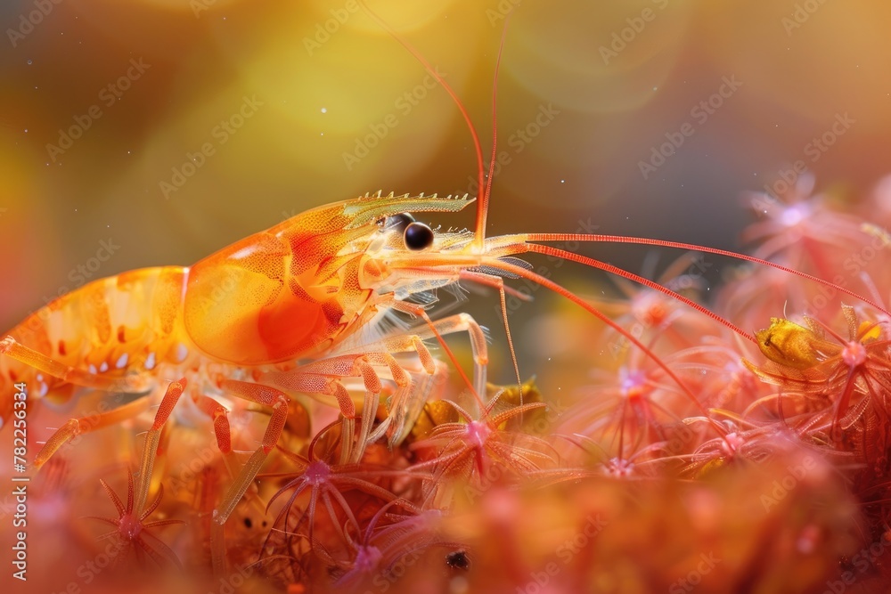 A vivid macro image of a marine shrimp navigating the rich textures of ...