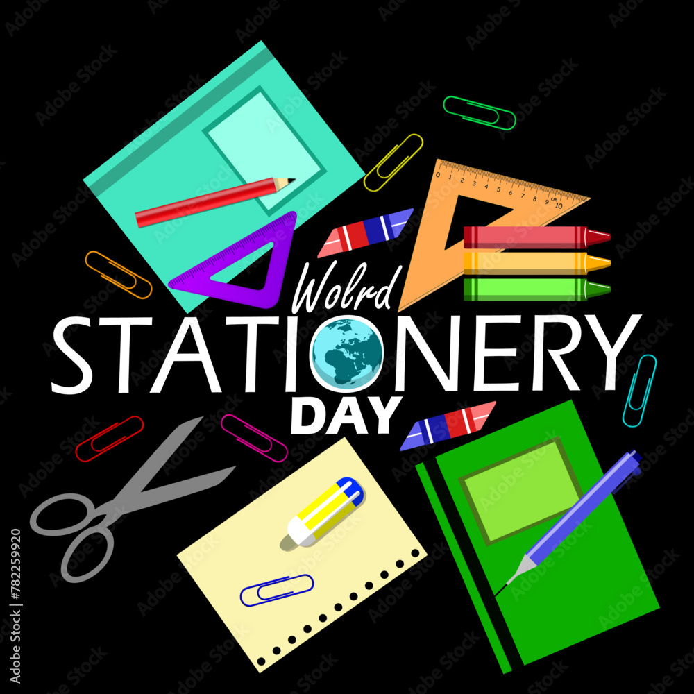 World Stationery Day event banner. Various kinds of stationery with bold text on black ...