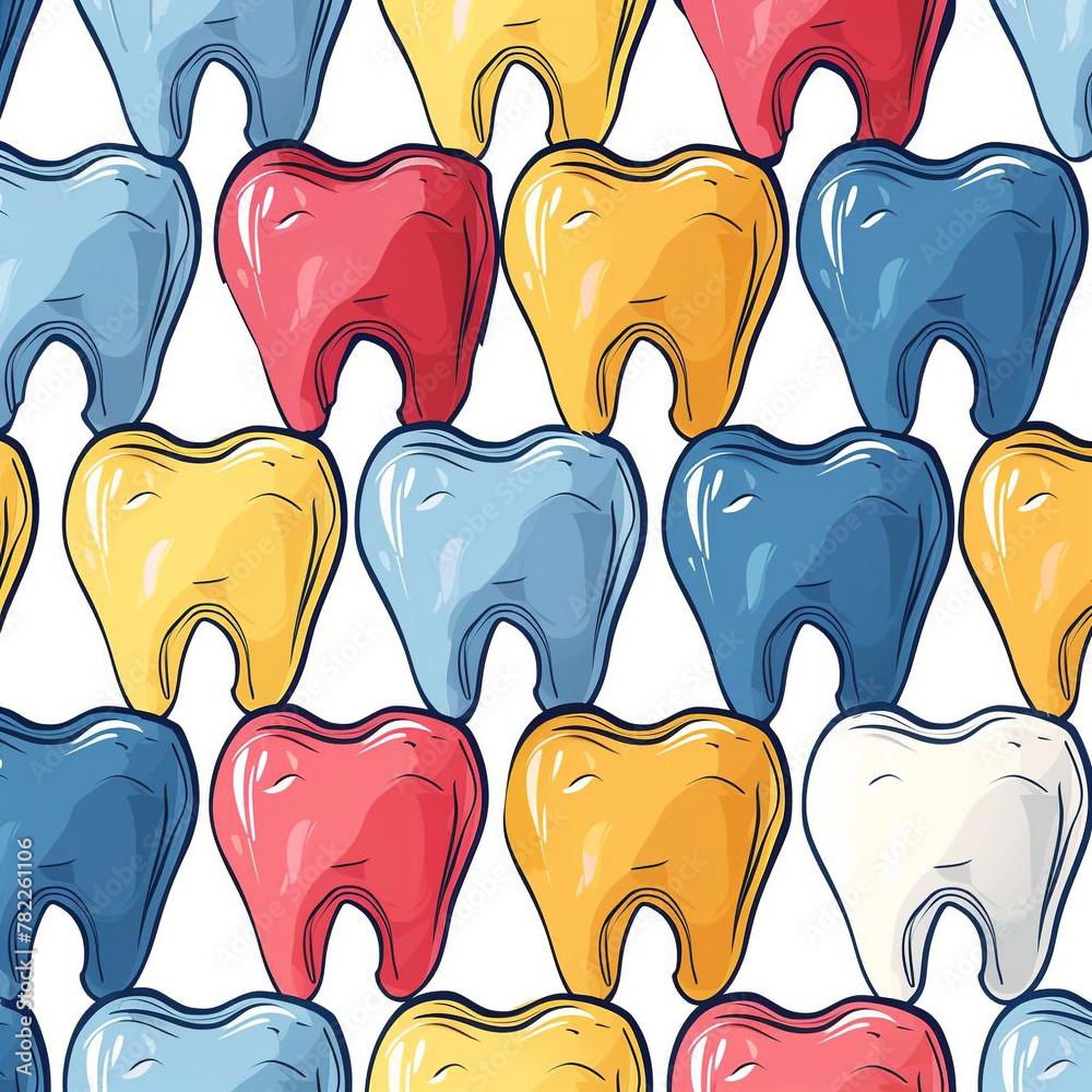 The image displays a pattern of cartoon-style teeth with happy faces ...