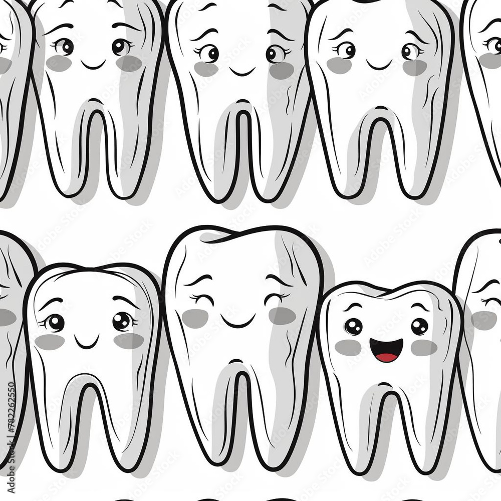 The image displays a pattern of cartoon-style teeth with happy faces ...