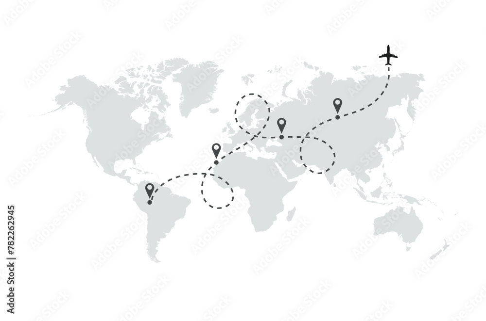 Airplane path in dotted line shape on the world map, World map of ...