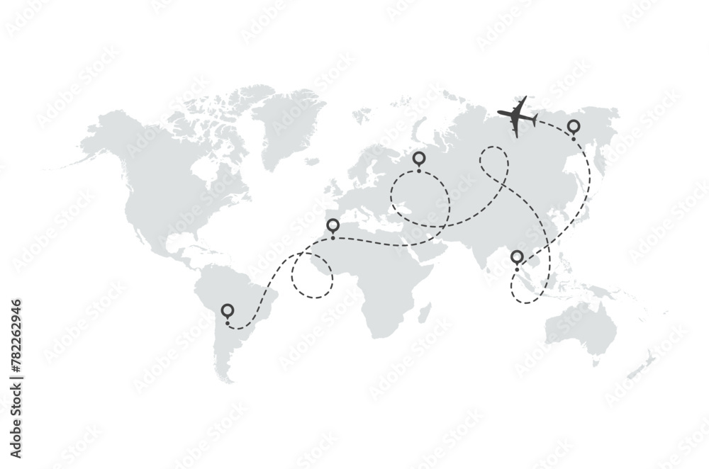 World travel map with routes, Airplane flight path with dash line and ...