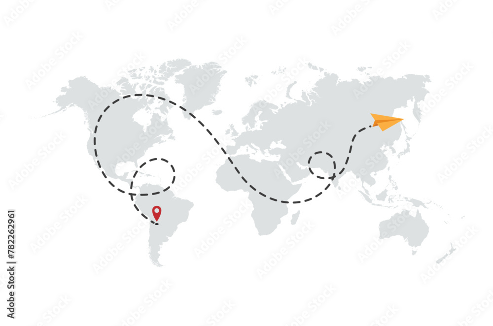 Airplane flight route on the world map with a dotted line. World map of ...