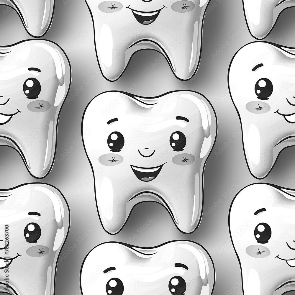 The image displays a pattern of cartoon-style teeth with happy faces ...