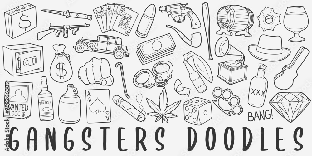 Gangsters Doodle Icons Black and White Line Art. Mafia Clipart Hand ...