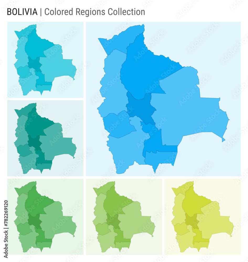 Bolivia map collection. Country shape with colored regions. Light Blue ...