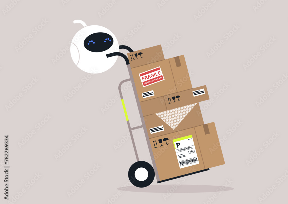 Futuristic Robot Delivers a cart of Packages Effortlessly, A sleek bot ...