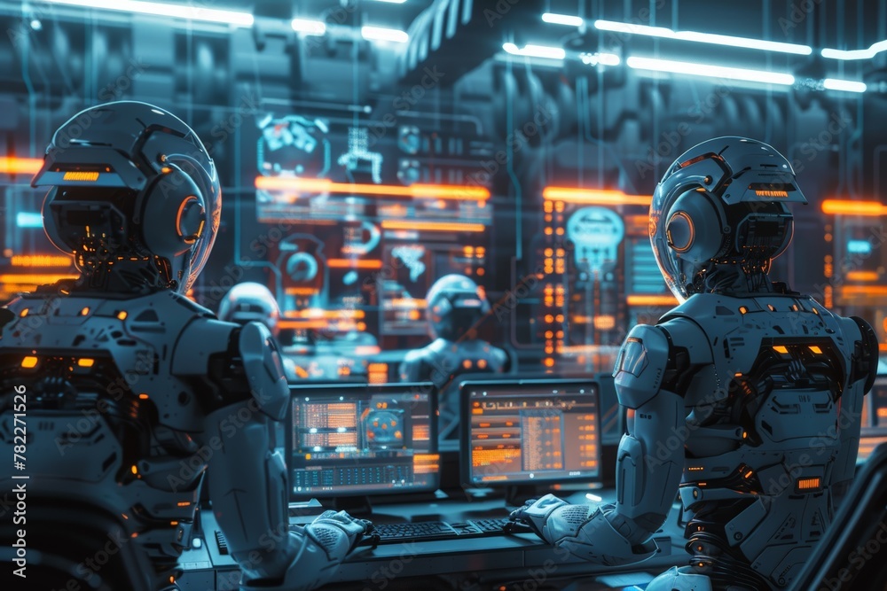 narrative scene where robots with advanced AI capabilities work ...