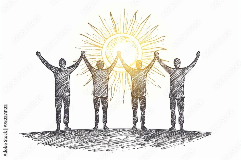 eople holding hands and standing in front, each with their arms raised ...